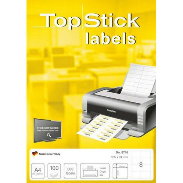 TOPSTICK 8716 Этикетки самоклеящиеся Бумажные А4, 105.0 * 74.0, 8 частей на листе, цвет: Белый, Клей: перманентный, для печати на: струйных и лазерных аппаратах, в пачке: 100 листов/800 этикеток