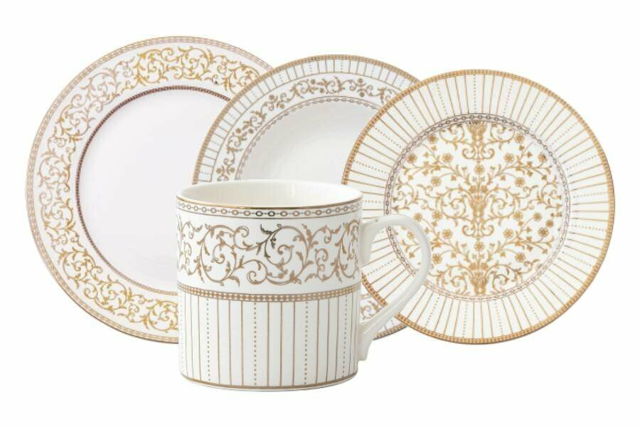 Набор обеденный с кружками, 6 персон, 24 предмета, фарфор P, белая, с золотистым орнаментом, Golden (Pozzi Milano 1876)