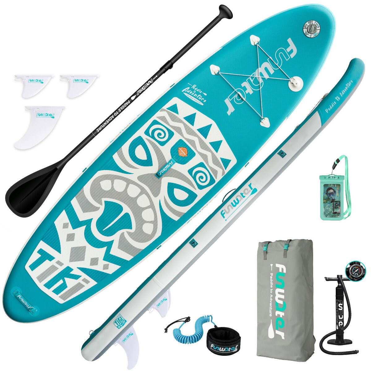 Надувная SUP-доска (SUP board) FUNWATER TIKI BLUE с насосом, веслом и страховочным лишем. 320x83x15 см