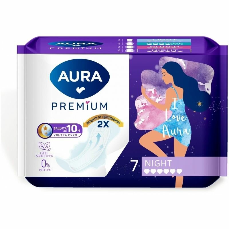 Прокладки гигиенические Aura "Premium", Night, 7 шт