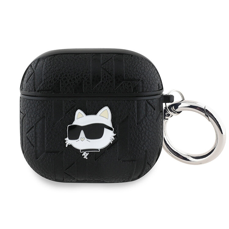 Karl Lagerfeld чехол с карабином для Airpods 4, PU кожа Saffiano Monogram NFT Metal Head Choupette, черный