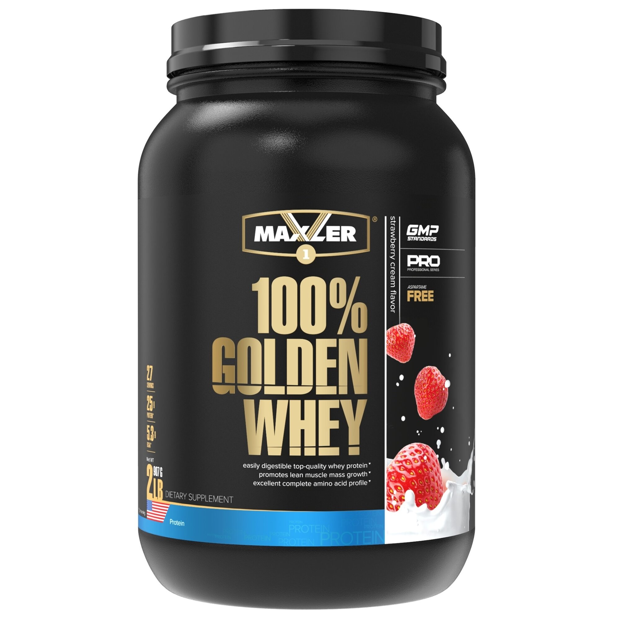 Протеин сывороточный премиум класса 100% Golden Whey Protein 907 гр 2 lb (Maxler) Клубника-крем