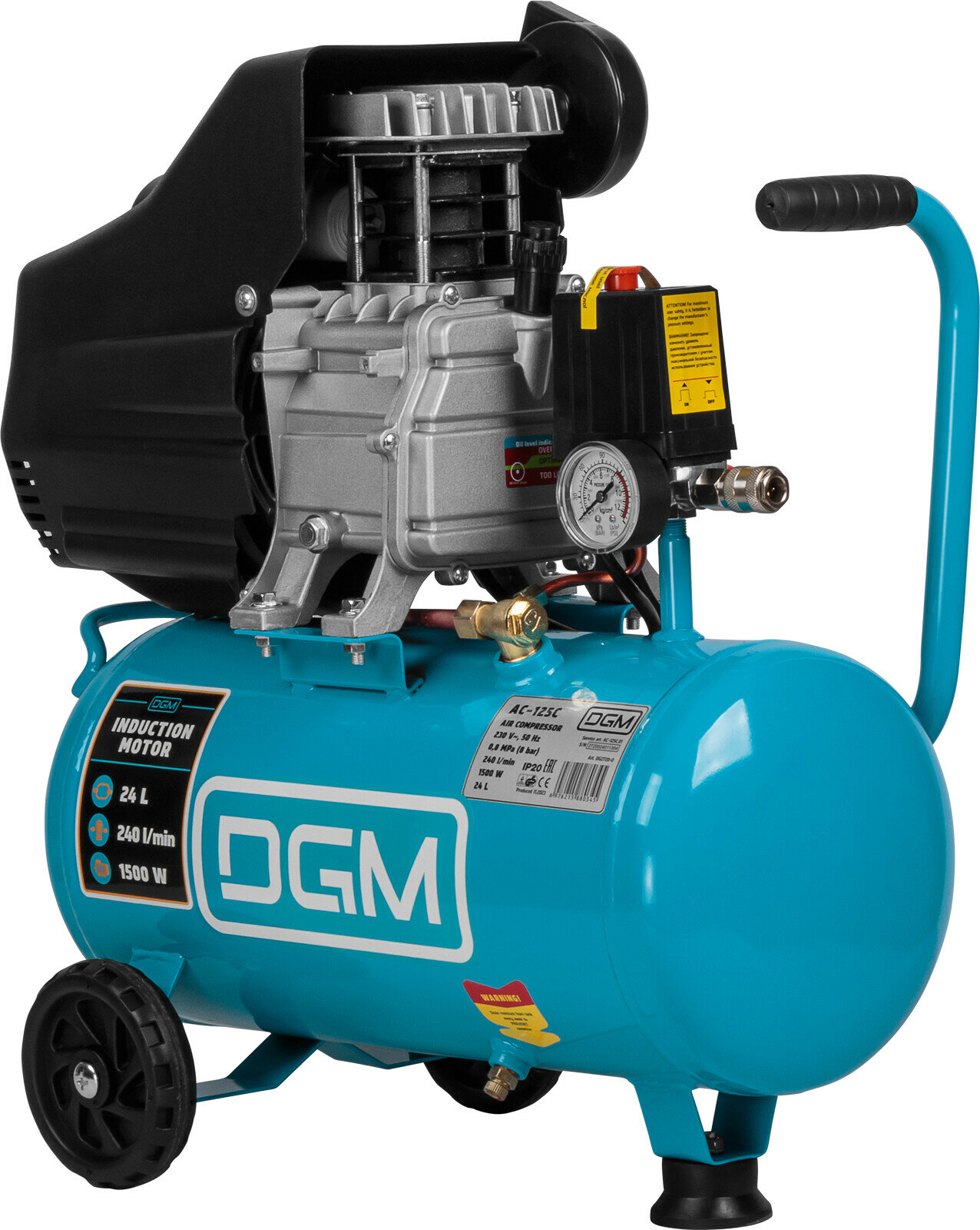 Компрессор воздушный масляный DGM AC-125C (240 л/мин, 8 атм, коаксиальный, ресив. 24 л, 230 В, 1.5 кВт) (DG2720-0)
