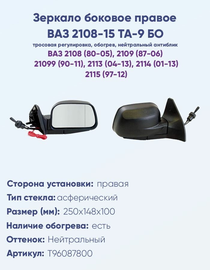 Зеркало боковое правое ВАЗ 2108-2115 модель ТА-9 БО с тросовым приводом регулировки, с асферическим противоослепляющим отражателем нейтрального тона и системой обогрева.