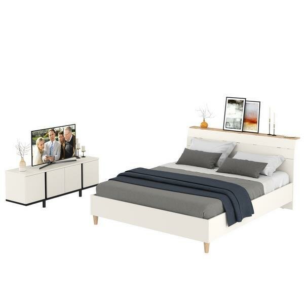 Муссон Кровать 11.41 + ортопед + Тумба под ТВ Квадро 13.276, цвет белый/чёрный/дуб эндгрейн элегантный, сп. м. 1600х2000 мм, б/м