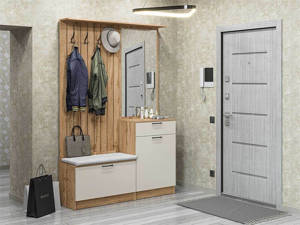 VVT Прихожая Стиль-02, каркас ЛДСП Дуб Вотан, фасад ЛДСП Cashmere In 2S, 2090*1400*380 Cashmere In 2S
