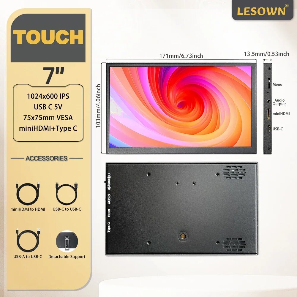 LESOWN 7" Сенсорный монитор IPS 1024x600 USB C Touch with Support