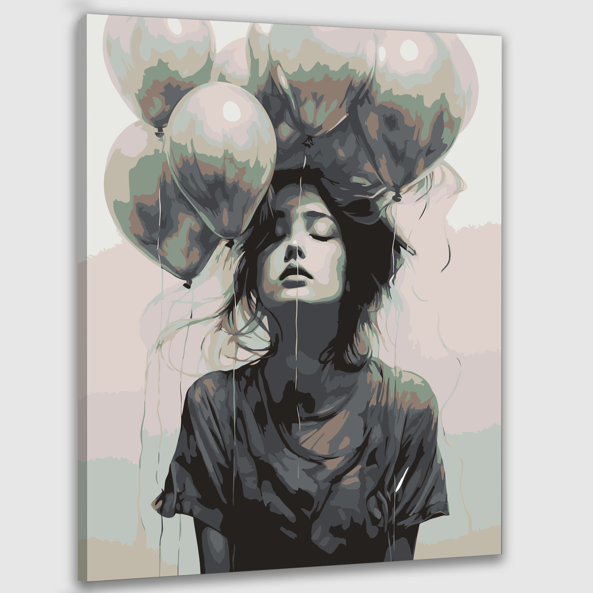 Картина по номерам 40x50 см, набросок, уголь, девушка, голова, воздушные шарики, эмоции, мысли, сложности разума