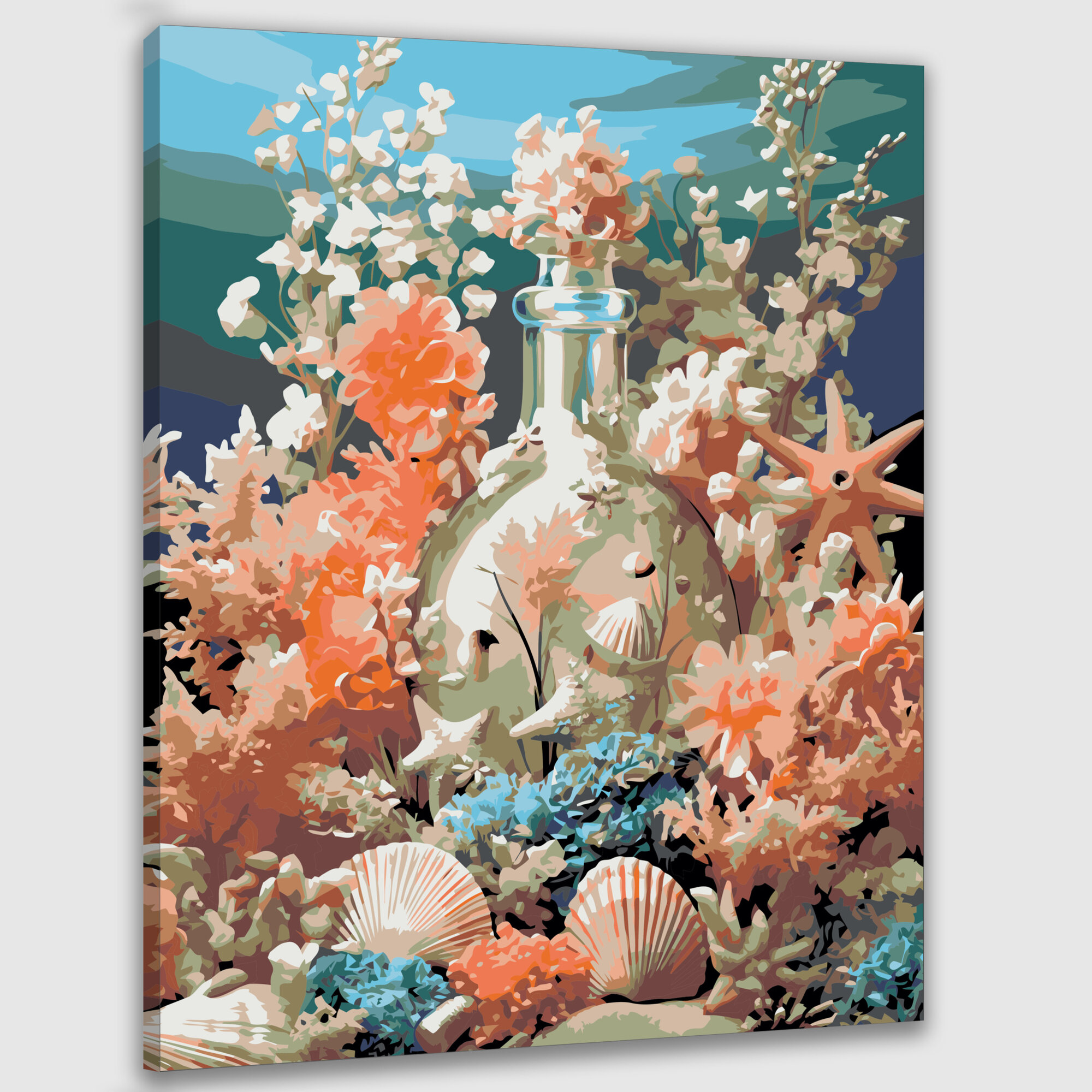 Картина по номерам 40x50 см, цифровой коллаж, волшебное пляжное зелье, ракушки, морские звезды, коралловые рифы