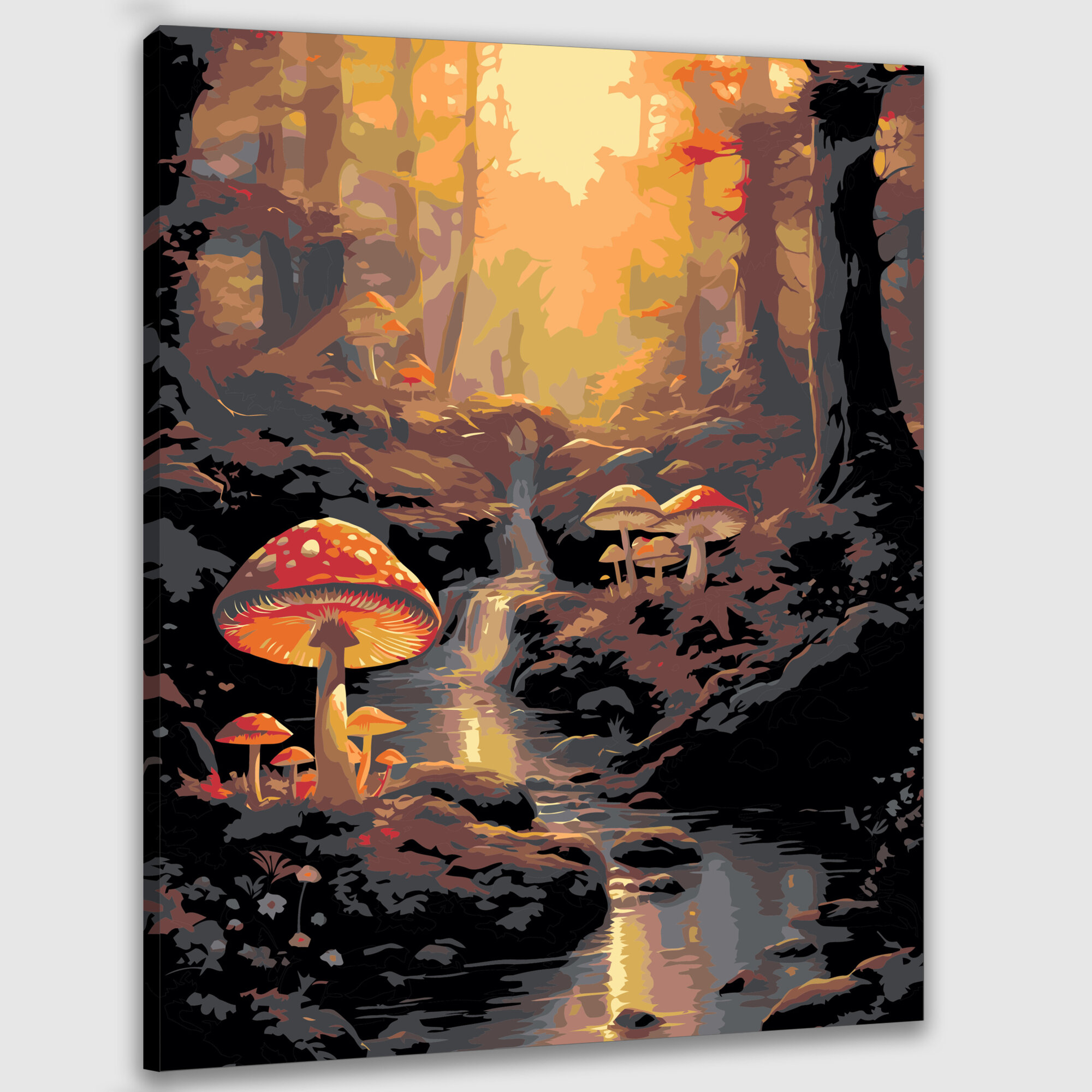 Картина по номерам 40x50 см, картина, масло, сказочный мир, феи, поганки, мистический лес, солнечный свет, лучи, полог