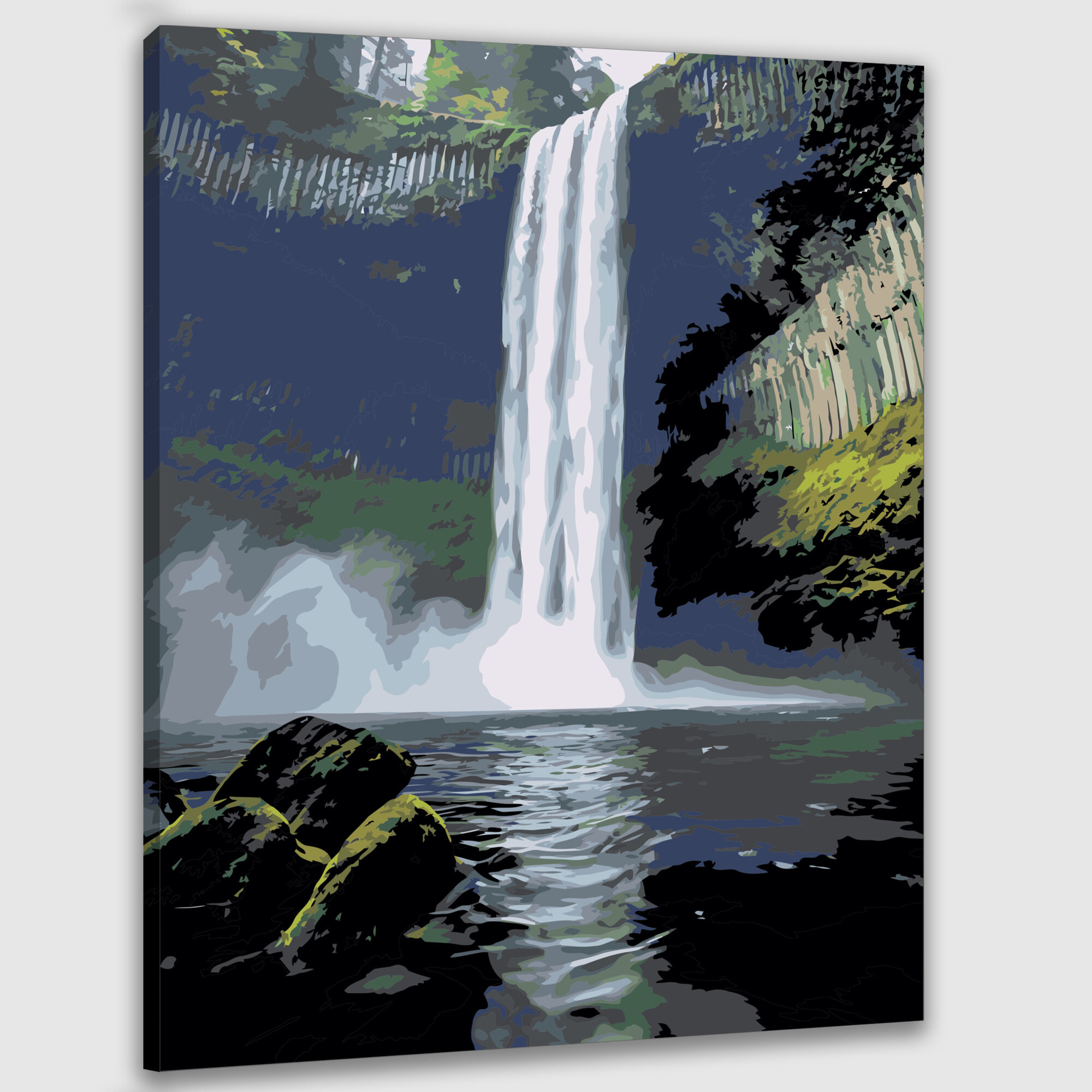 Картина по номерам 40x50 см, водопад, бассейн, скалы, листва, мощь природы, глубина, динамичность, неземной эффект