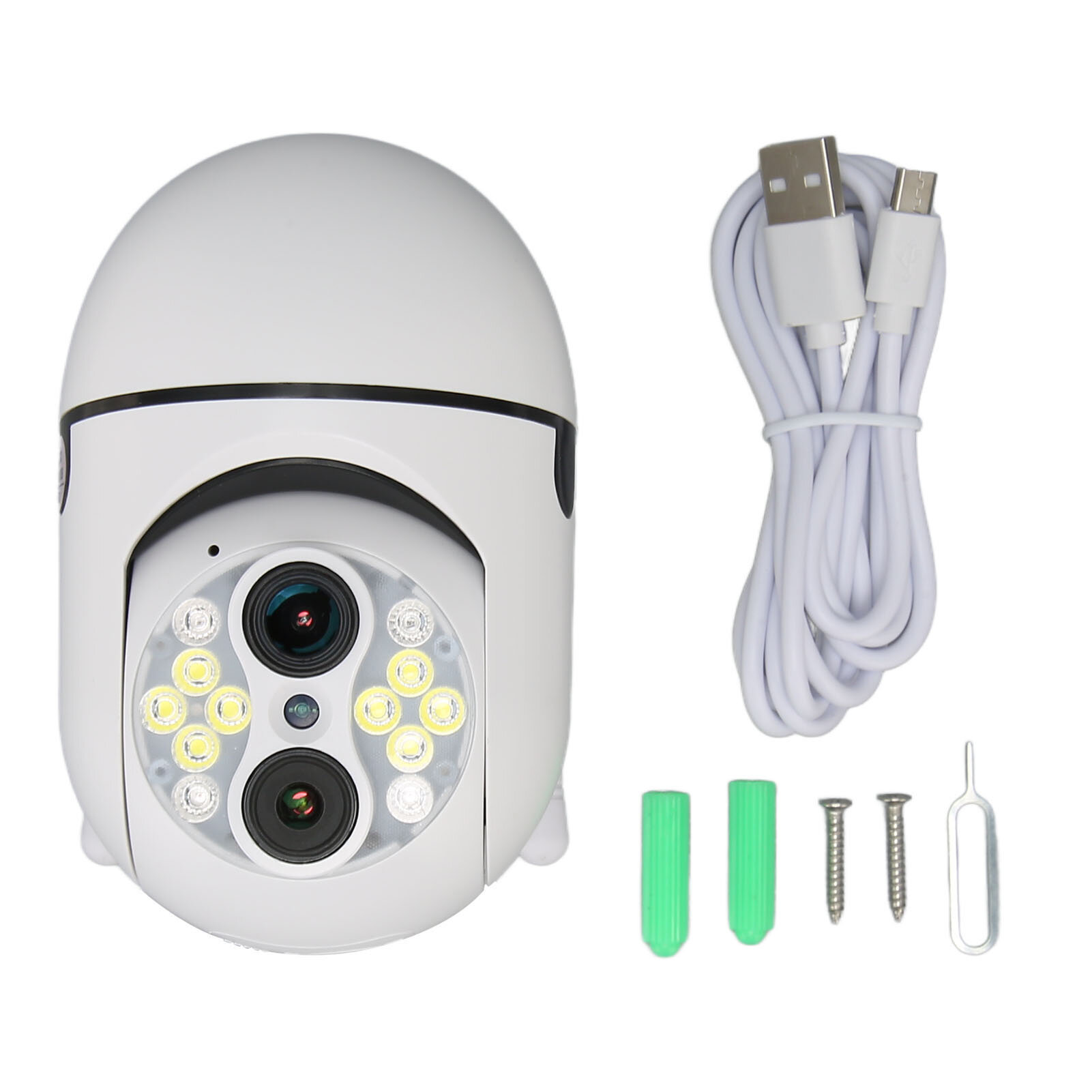 Уличная камера видеонаблюдения с двумя объективами, разрешением 1080p HD, функцией поворота, отслеживания движения, возможностью совместного использования несколькими пользователями и двусторонней аудиосвязью.