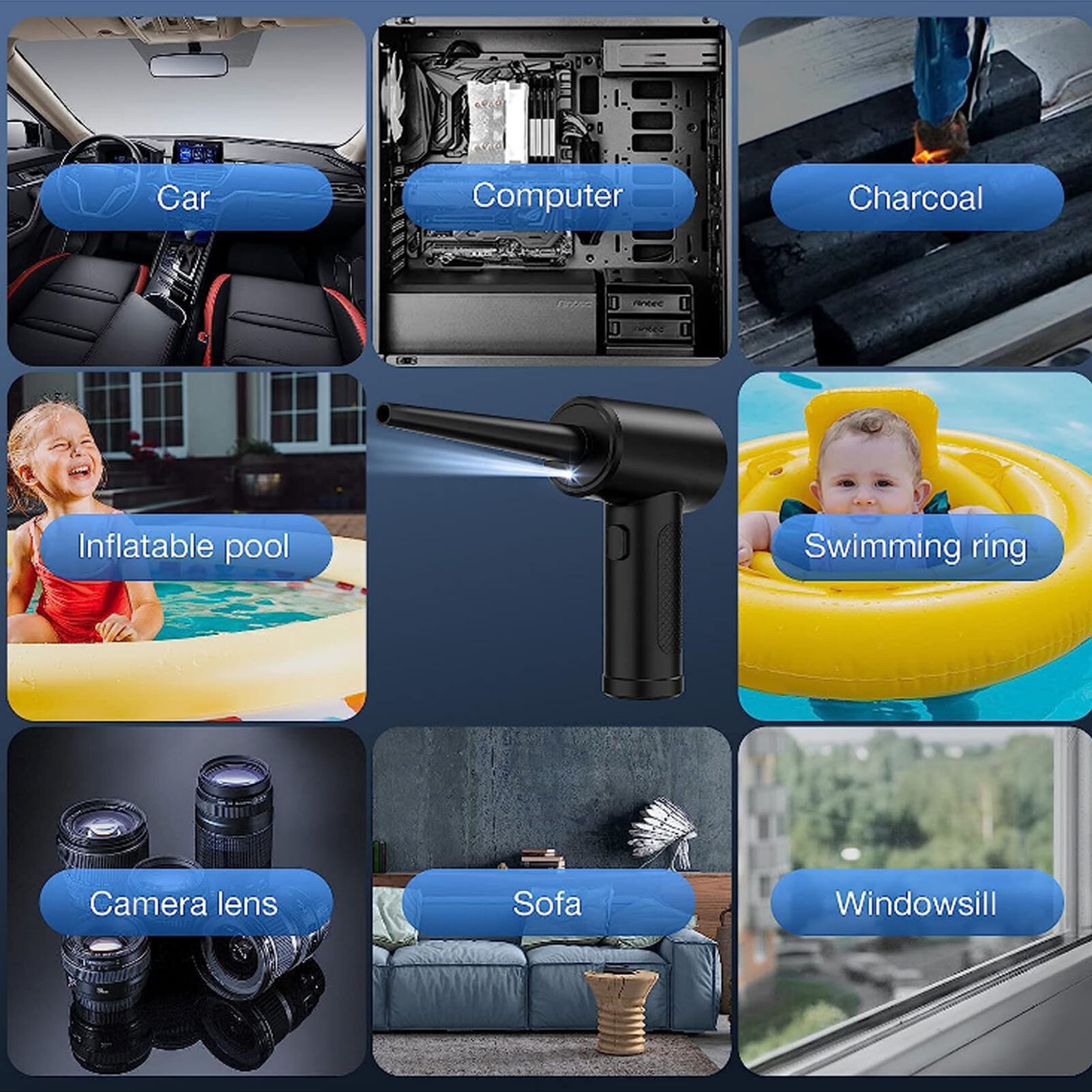 Compressed Air Duster 3 Gear Cordless Electric Air Duster для ноутбука компьютер клавиатура камера очистка, материал ABS, батарея встроенная литиевая 6000 mAh, вес 530г, в комплект входят 1 USB кабель, 1 английский мануал, 5 сопел, 6 щеток