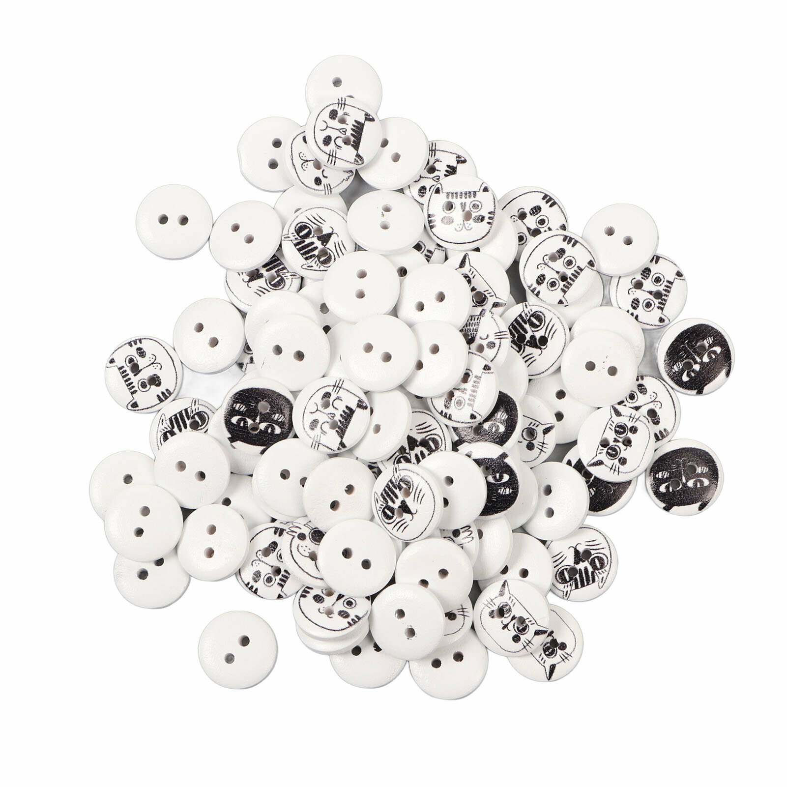 500 шт. деревянных пуговиц с 2 отверстиями, круглые, декоративные, с рисунком мультяшного кота, разные виды деревянных пуговиц для детской одежды, сумок, для рукоделия, 15 мм, белый фон, черная полоса, кот