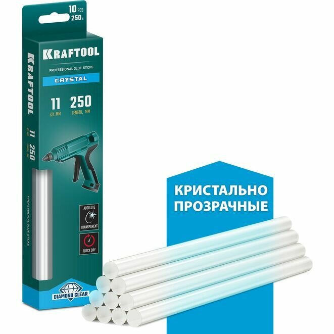 KRAFTOOL Cristal кристально прозрачные клеевые стержни, d 11 x 250 мм (11-12 мм) 10 шт. 250 г.