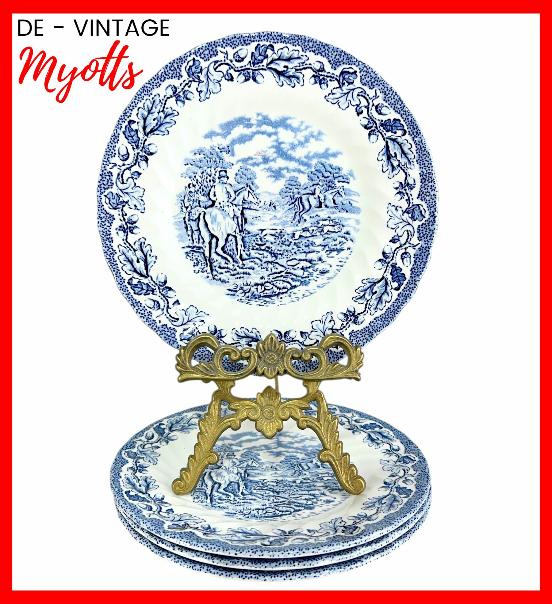 Тарелки пирожковые Myotts Country Life, Сельская жизнь, Охота, синий, винтаж. Англия