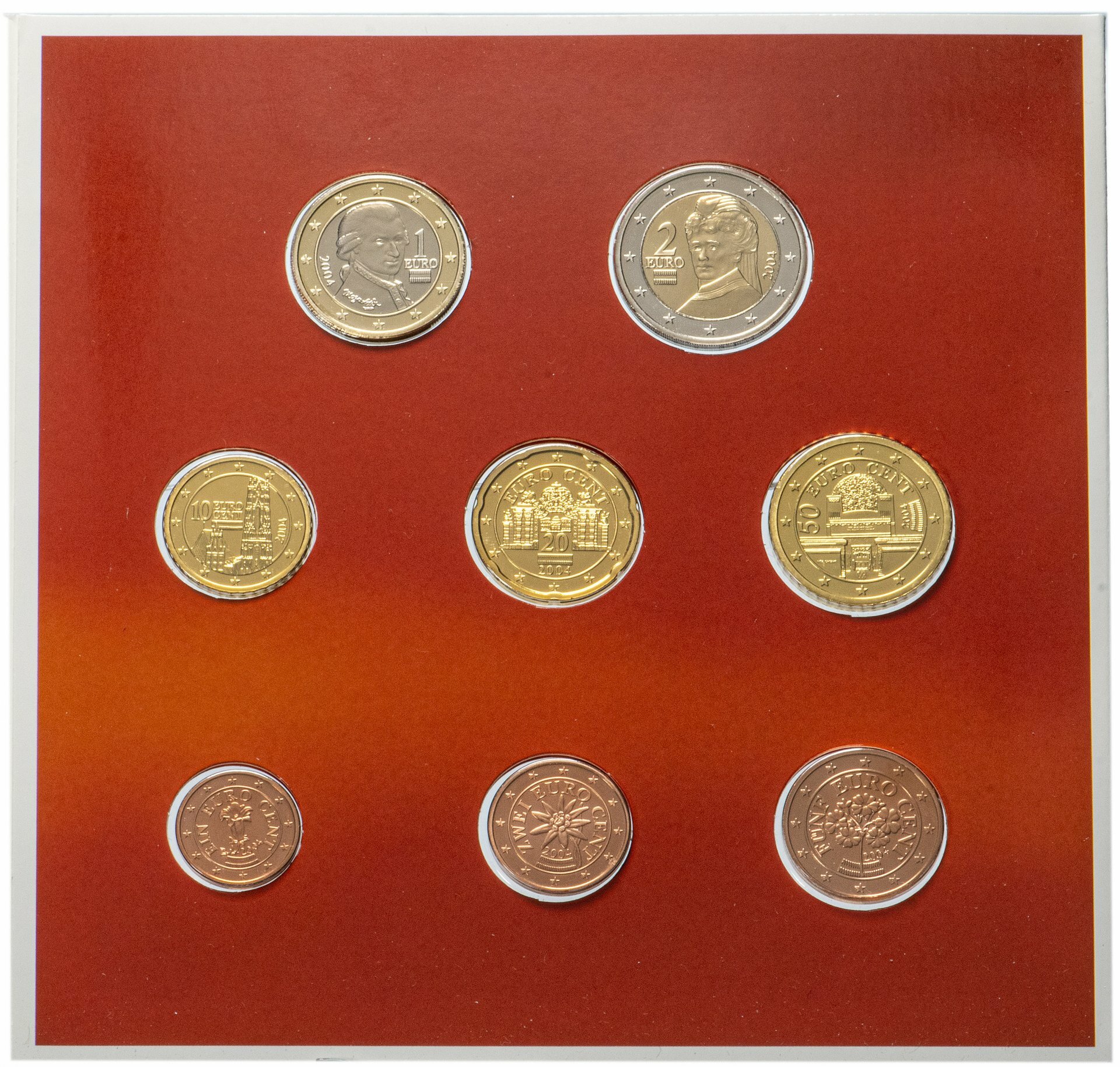 Австрия 2004 официальный годовой набор евро из 8 монет в буклете, Никель, в сохранности UNC