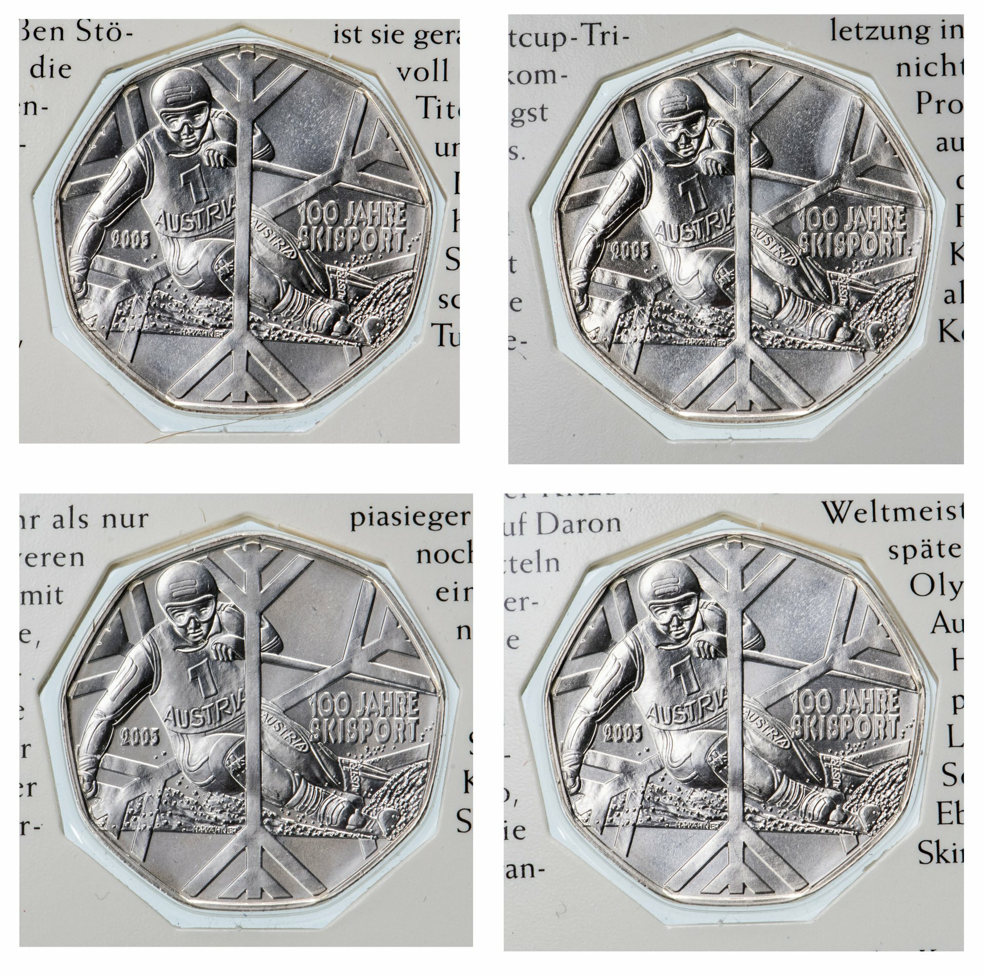 Австрия 5 евро 2005 набор из 4 видов буклетов с автографами спортсменов "100 лет лыжному спорту" BU в книжечке, Серебро 800, в сохранности UNC