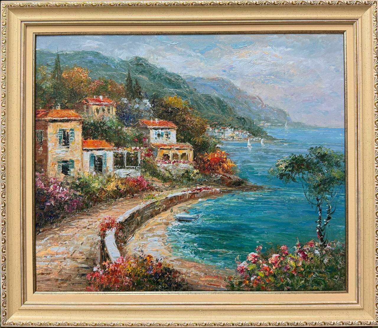 Картина маслом на холсте, морской пейзаж "Южный городок", 50х60 см. Автор Беляева Жанна
