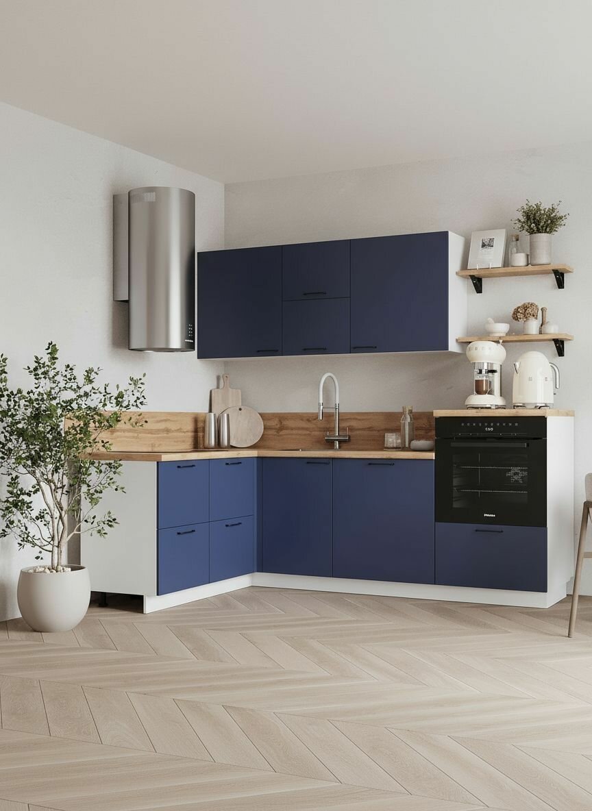 ARNIKA Кухонный гарнитур со столешницей "Дакия" угловой 1,5м*2,25м (с пм) , цвет ежевика (синий), фасад пленка ПВХ