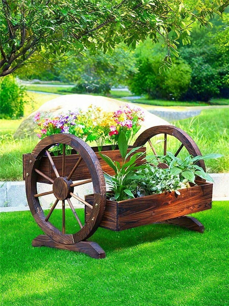 Фигурка садовая "Колесо-кашпо", дерево, коричневая, 70x48x50 см