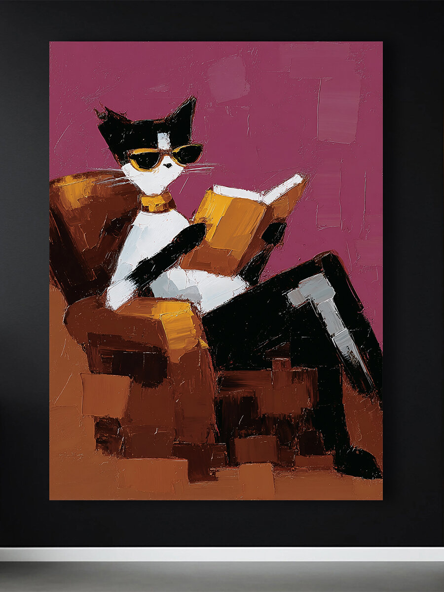 Картина на холсте - "Кот читает книгу, прикольная картина на стену" , 30х40 см.