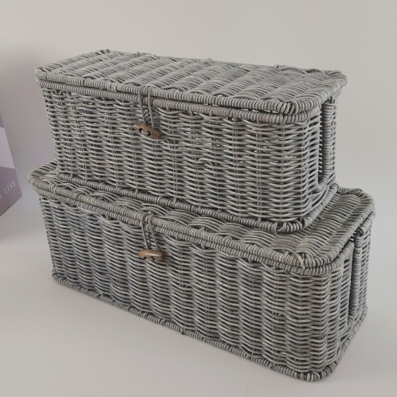 Креативная корзина для хранения с откидной крышкой, имитация ротанга, плетеная корзина для хранения на столе, коробка для игрушек, корзина для хранения мелочей, плетеная корзина из соломки