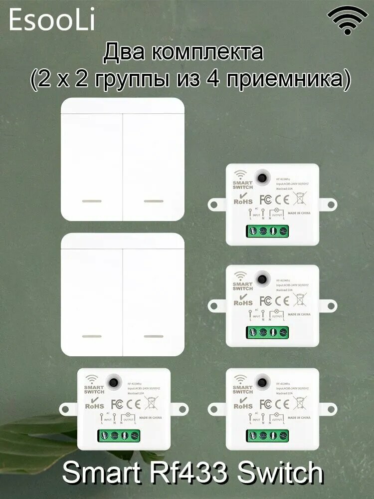 Умный беспроводной выключатель двухклавишный, с приемником 220В 433 МГц, Два комплекта (2 x 2 банда с 4 приемник)
