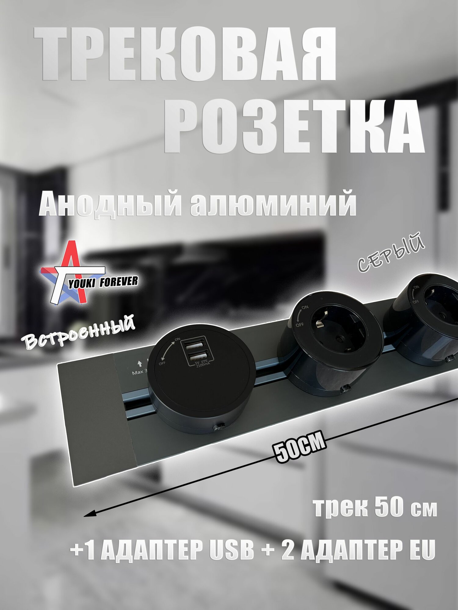 Встраиваемая сменная трековая розетка, трек 50см, серый + 2 адаптер EU+1 адаптер USB