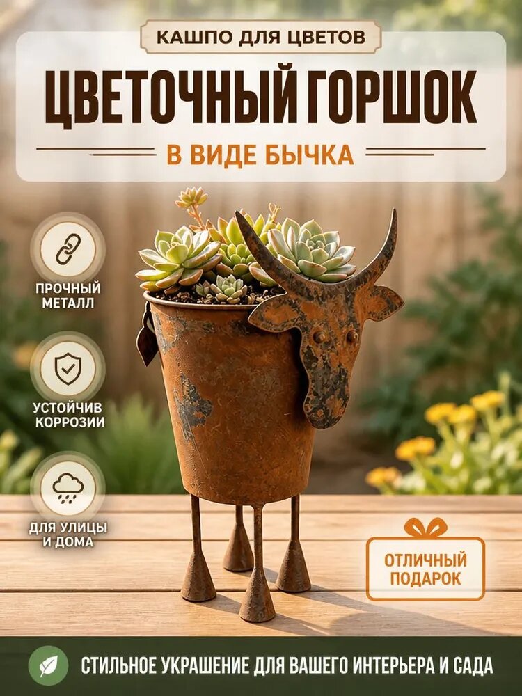 Садовая фигурка-кашпо в форме головы быка, металл, см, без подсветки — фото 1