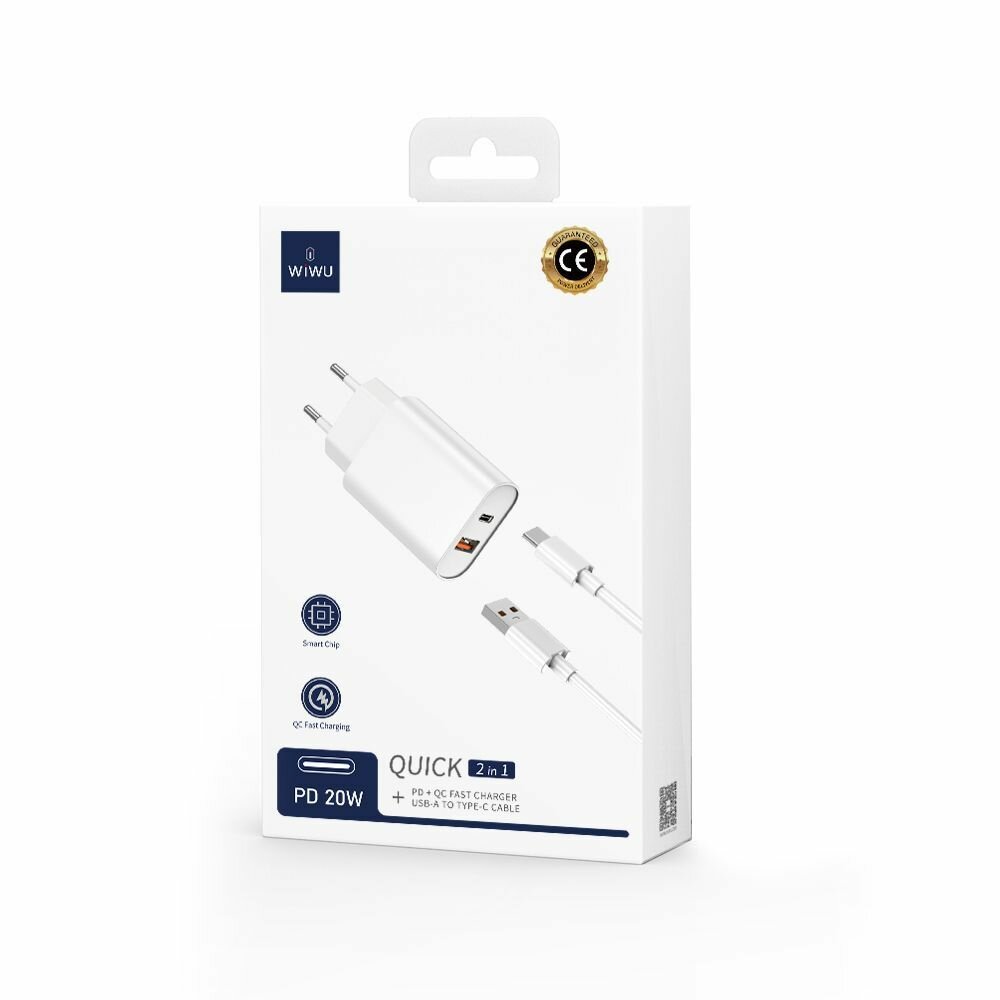 Сетевое зарядное устройство 2в1 с кабелем USB-A to Type-c WIWU Quik 20W+18W PD+QC Fast Charger Wi-U002 white