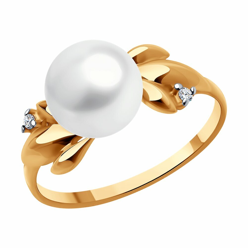 Кольцо, серебро, 925 проба, золочение, жемчуг пресноводный культивированный, фианит