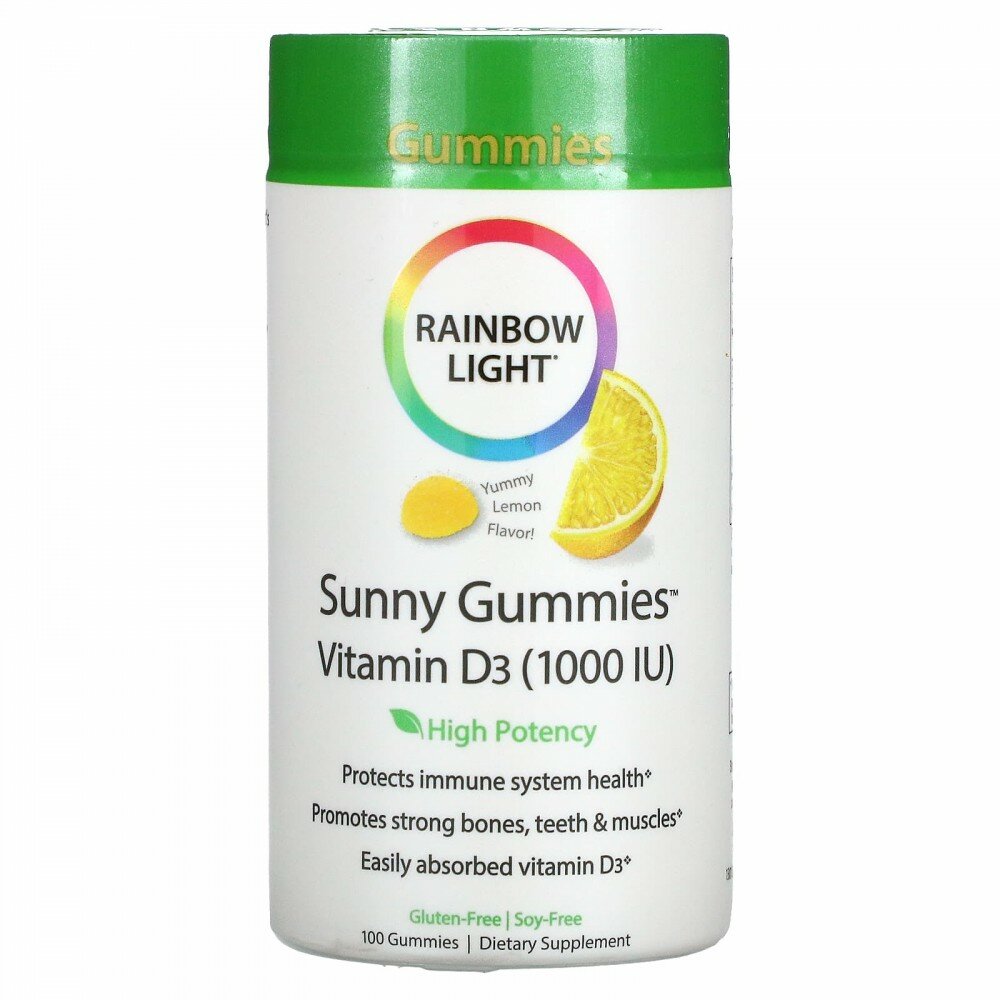 Rainbow Light, Sunny Gummies ™, витамин D3, вкусный лимон, 25 мкг (1000 МЕ), 100 жевательных таблеток