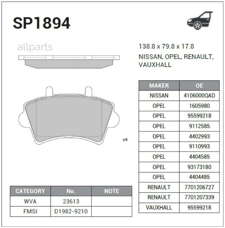 SANGSIN BRAKE SP1894 SP1894 колодки дисковые передние!\ Renault Master, Opel Movano 1.9TDi-2.8TDi 00>