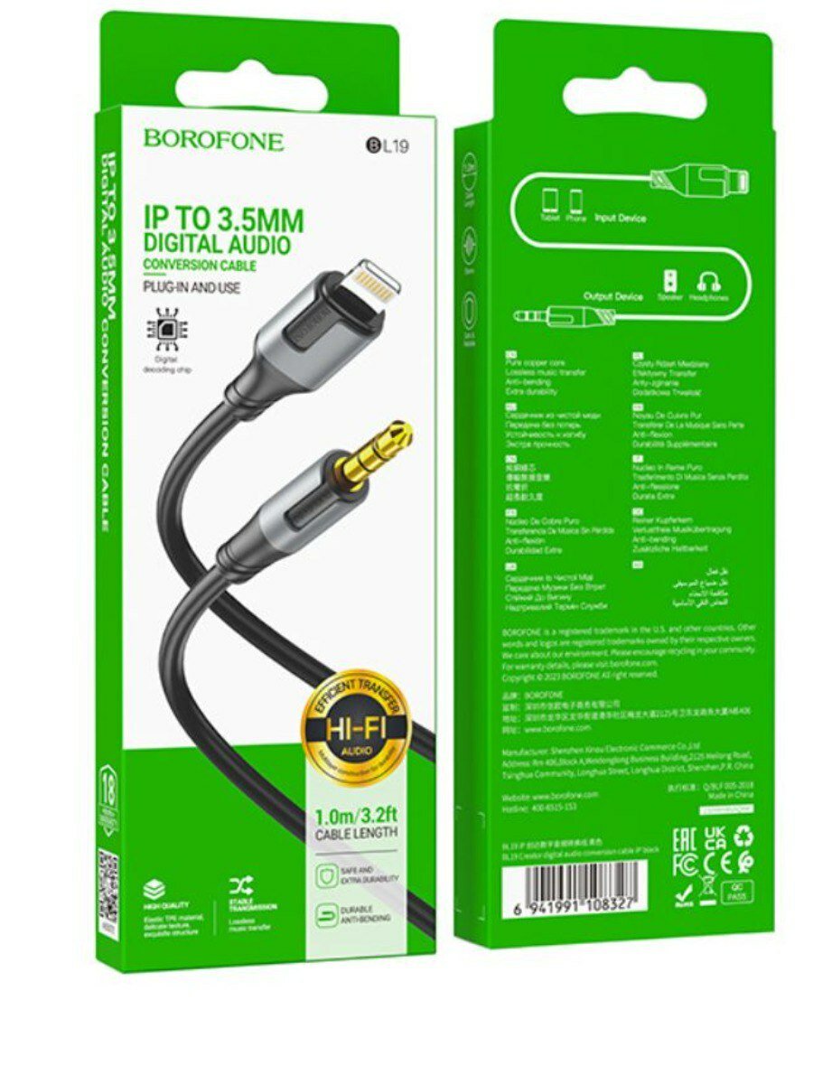 Кабель Borofone BL19, аудио, 3.5мм-Lightning, цвет черный, 1м