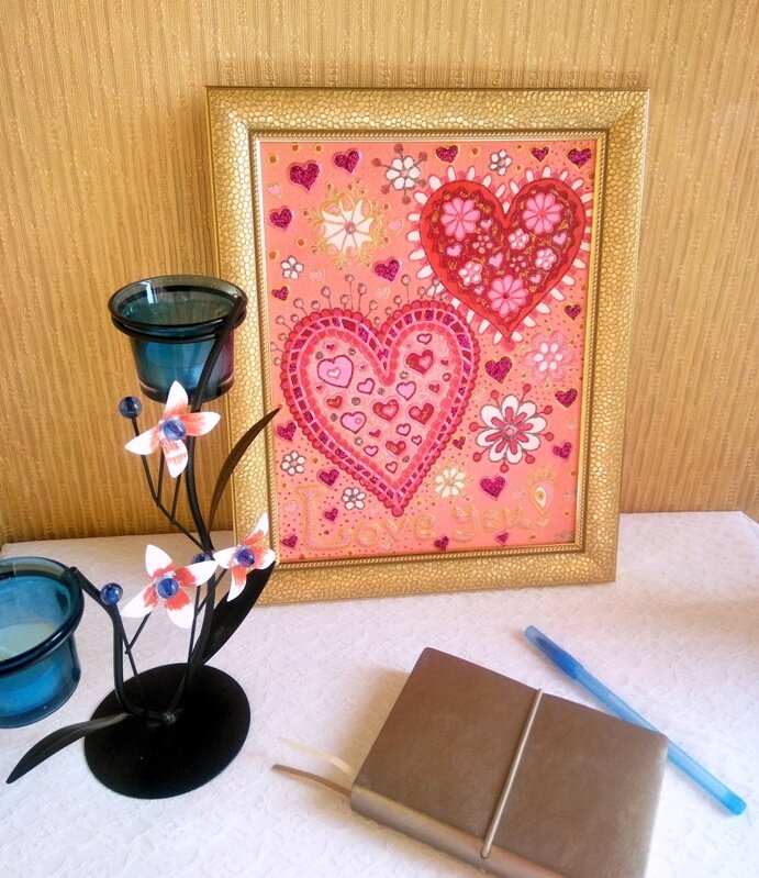 Блестящие сердечки валентинка интерьерная подарочная картинка Love you 21 х 27 см