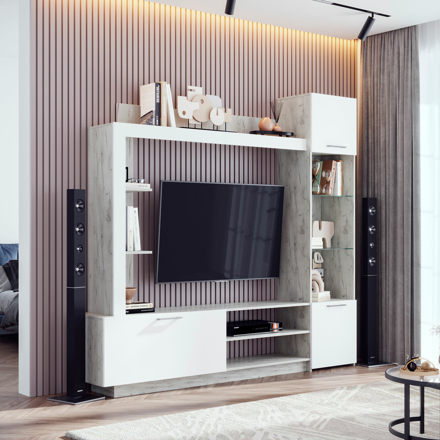 Стенка в гостиную Онтарио 210,2х178,1х37 см, цвет дуб крафт белый/софт вайт