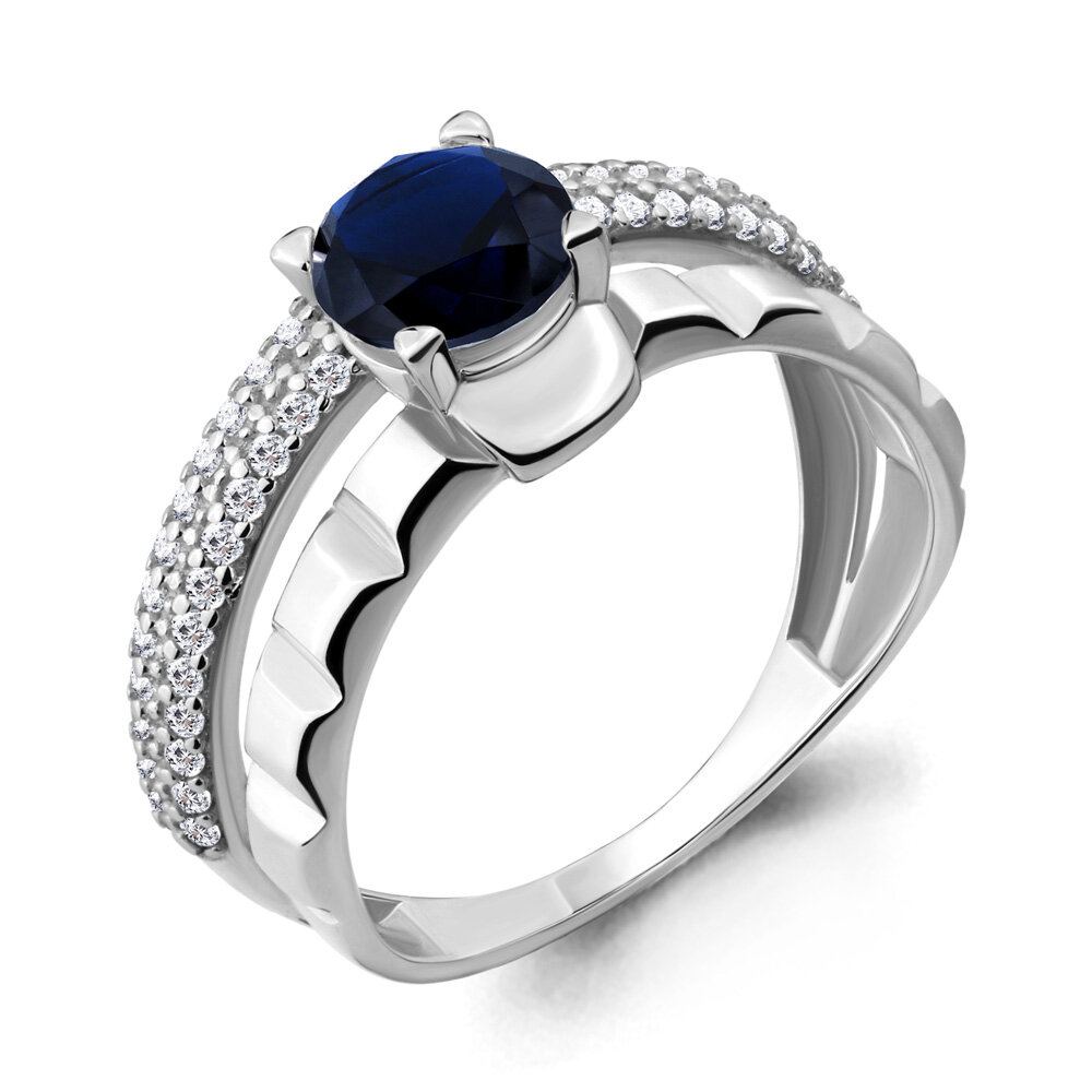 Кольцо, серебро, 925 проба, родирование, фианит, сапфир синтетический