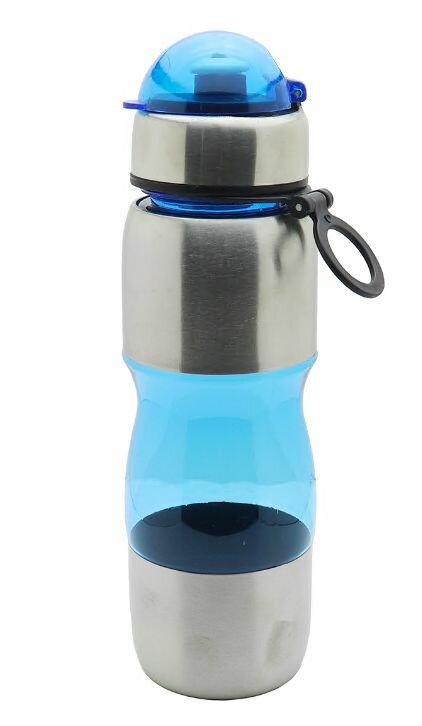 Фляжка питьевая 750 мл (прозр. цветн. пластик с метал. обрамлением сверху и снизу) синяя
