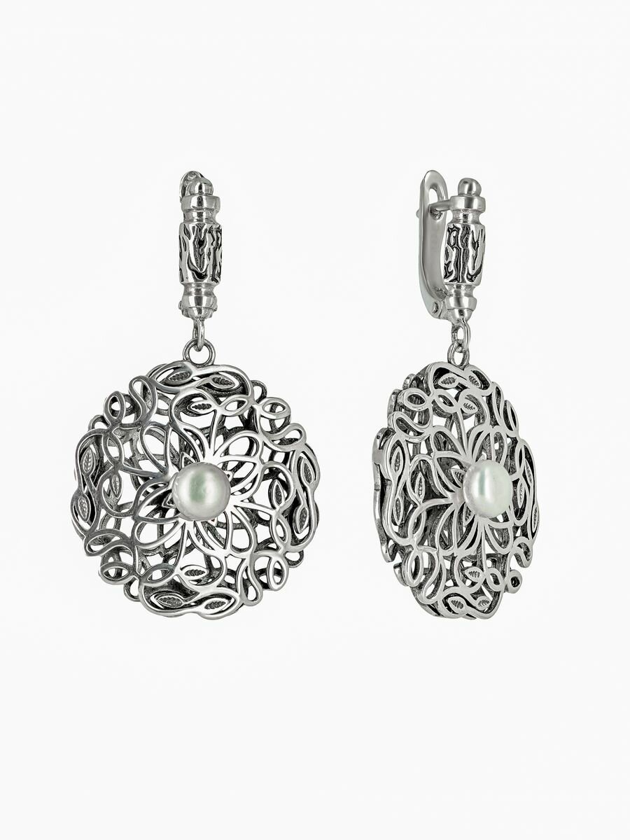 Серьги двусторонние, серебро, 925 проба, оксидирование, жемчуг культивированный