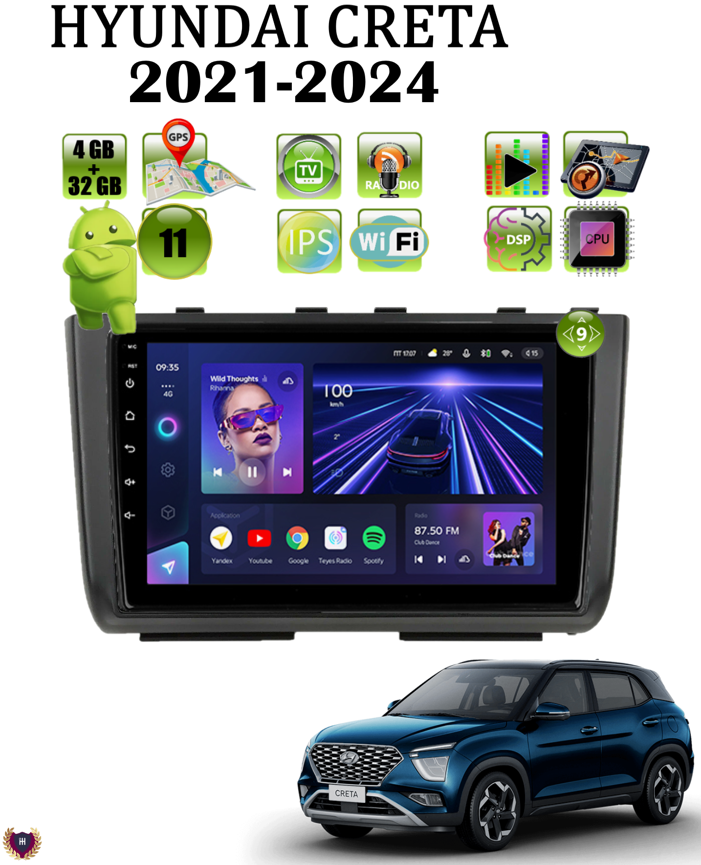 Автомагнитола для Hyundai Creta (2021-2024), Android 11, 4/32 GB, GPS, Bluetooth, WiFi, IPS экран, FM, TV, сенсорные кнопки, поддержка кнопок на руле