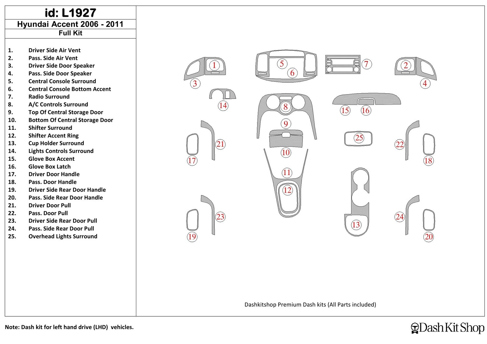 Накладки салона под дерево, карбон, алюминий для Hyundai Accent 2006-2011. Комплект L1927.