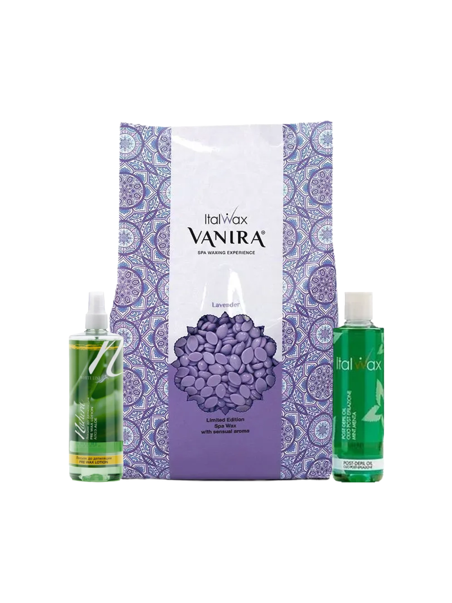 Воск в гранулах Лаванда ITALWAX VANIRA Lavende,1000гр+(Набор уход до/после Лосьон Алоэ, Менто,250 мл)
