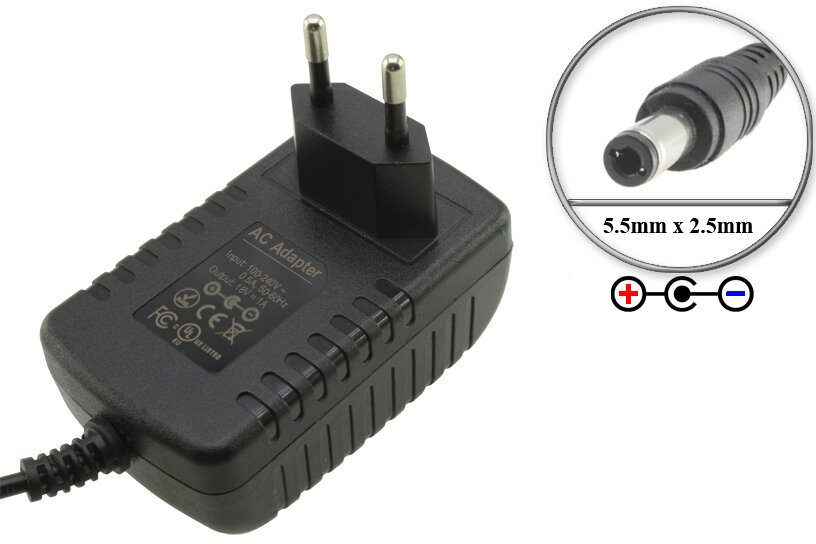 Адаптер (блок) питания 18V, 0.8A 18W, 5.5mm x 2.5mm, отрицательная полярность, для музыкального и др. оборудования