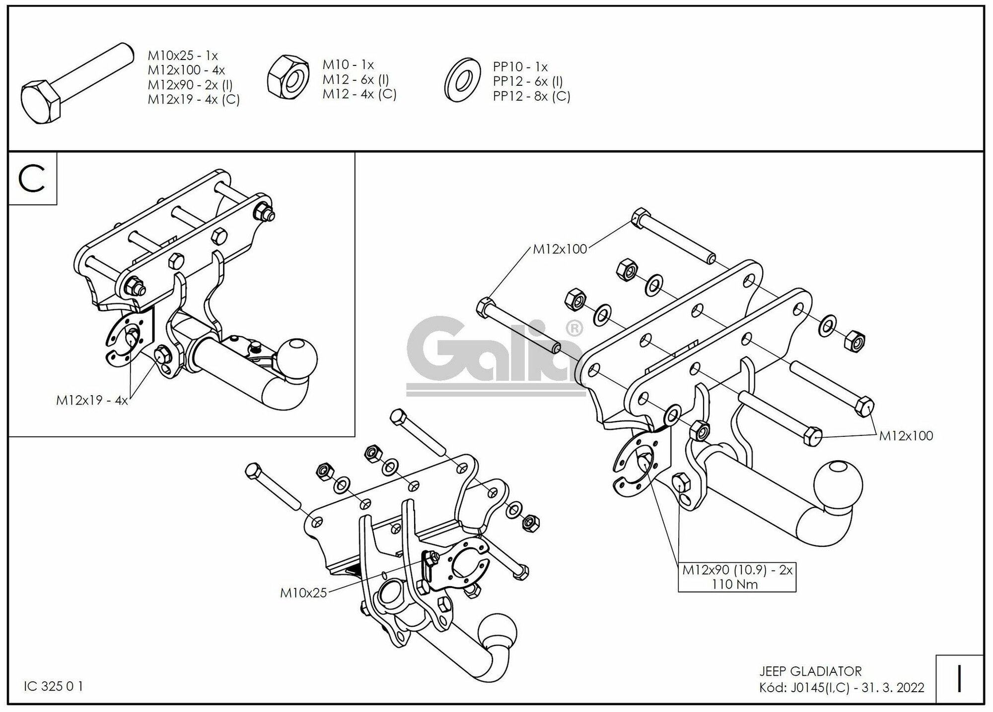 Оцинкованный фаркоп на Jeep Gladiator 2019- (без электрики), Galia J014A