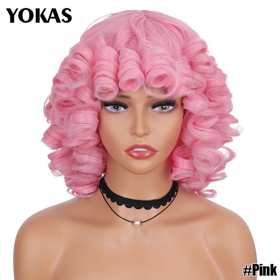 YOKAS синтетические короткие афро-кудрявые парики с челкой коричневые Pink