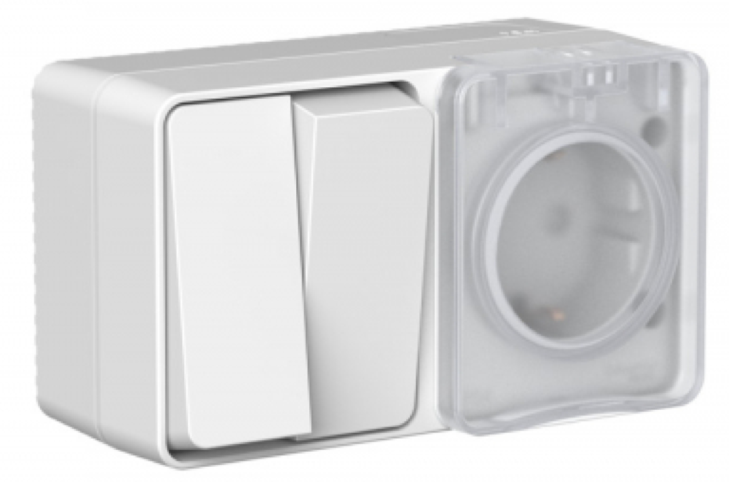 Блок System Electric / Систем Электрик AtlasDesign Profi IP54 розетка и выключатель двухклавишный из поликарбоната, серый, 250В, 10/16А, размером 121×60×56мм / электрика