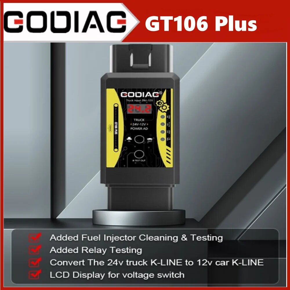 GODIAG GT106 PLUS 24 В до 12 В адаптер для грузовиков, очистка топливной форсунки и тестирование реле для автомобилей и грузовиков для K-line с ЖК-дисплеем