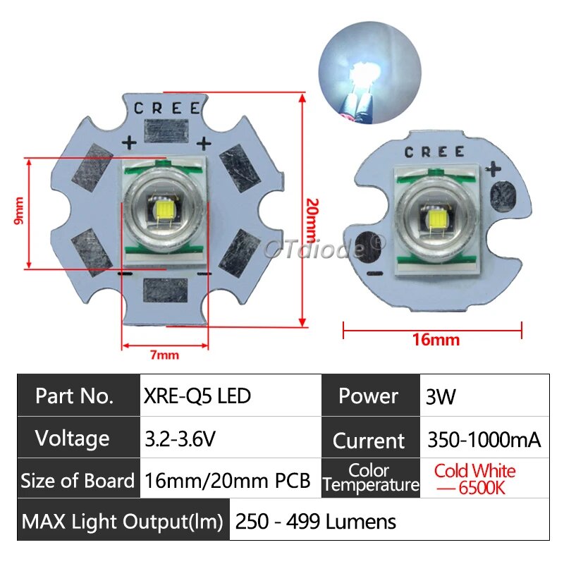 Светодиодные модули OTdiode XRE Q5 3Вт Cold White 6500k, 20mm LED 1pcs