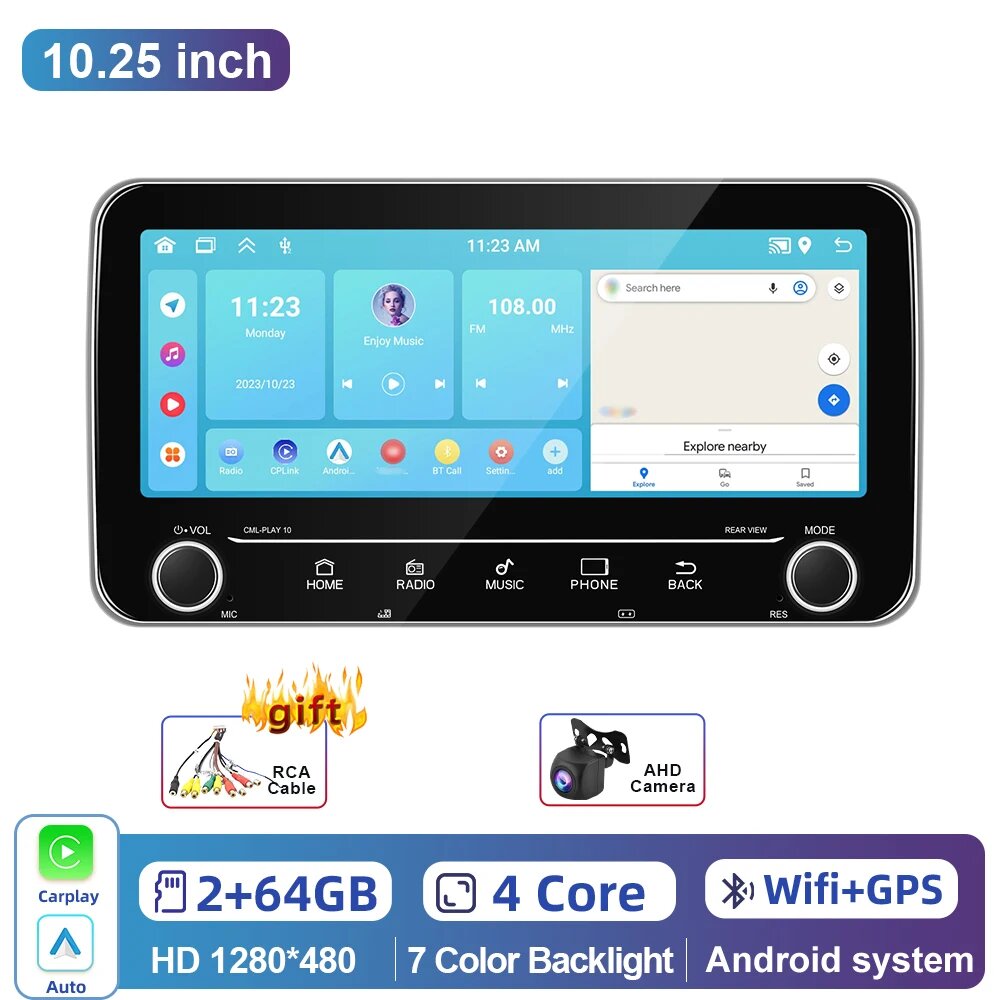 Автомагнитола Podofo универсальная, 2 + 64 ГБ, 10,25 дюйма, GPS With AHD Camera